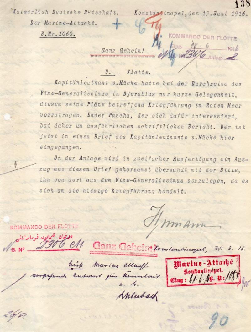 Vorschläge zur Kriegsführung im Roten Meer von Kapitänleutnant Hellmuth von Mücke, 1916 ...