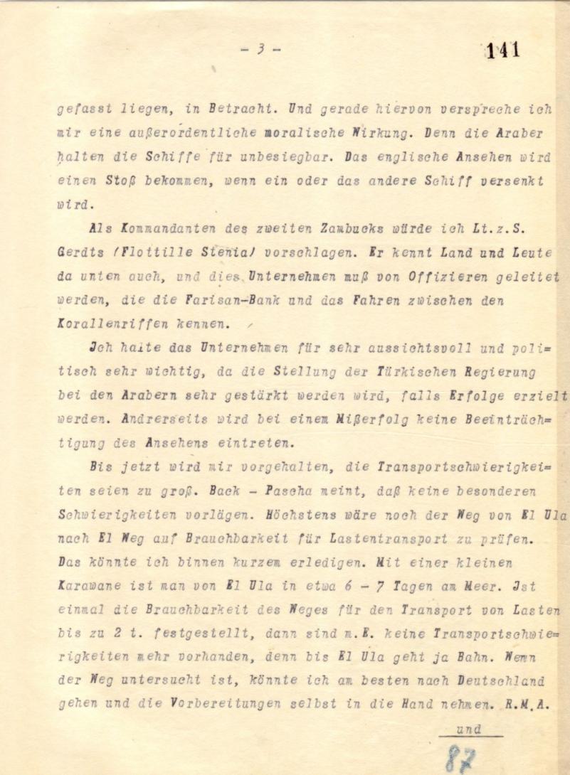 Vorschläge zur Kriegsführung im Roten Meer von Kapitänleutnant Hellmuth von Mücke, 1916 ...
