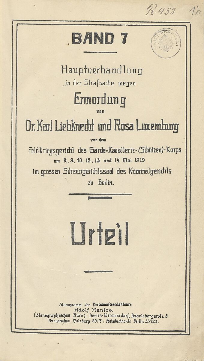 Urteil im Prozess gegen die Mörder von Rosa Luxemburg und Karl ...